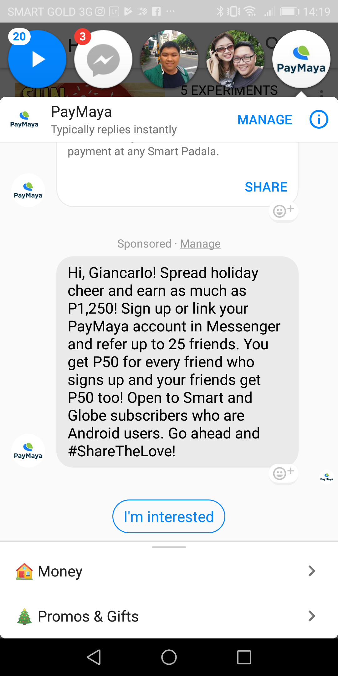 Digital "aguinaldo" via Facebook Messenger is possible via PayMaya