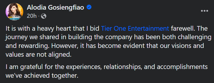 Alodia Gosiengfiao Announces Departure from Tier One Entertainment